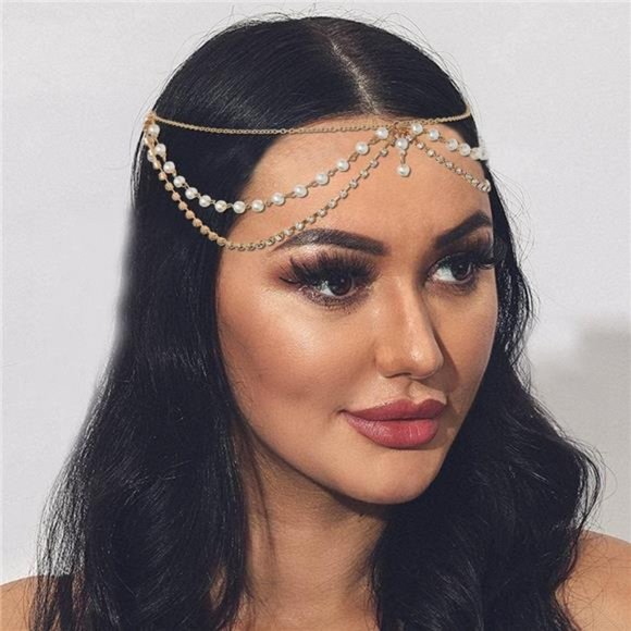 Other | Catery Pearl Head Chain Jewelry Gold Head Chain Bridal Forehead ...